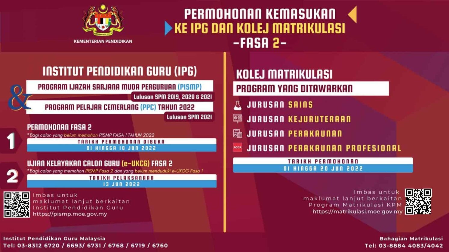 Permohonan Kemasukan FASA 2 Ke Kolej Matrikulasi KPM Dan IPG 2022/2023 ...