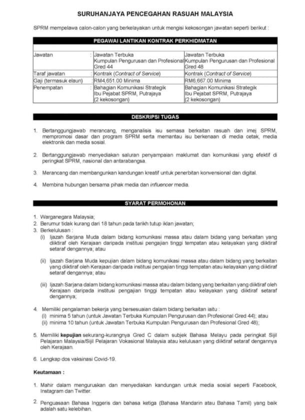 Jawatan Kosong Di Suruhanjaya Pencegahan Rasuah Malaysia (SPRM ...
