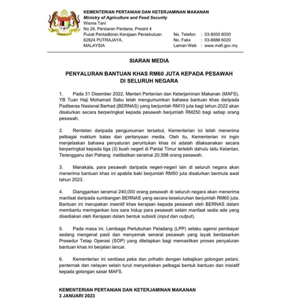 Bantuan Khas BERNAS RM60 Juta Pesawah Seluruh Negara