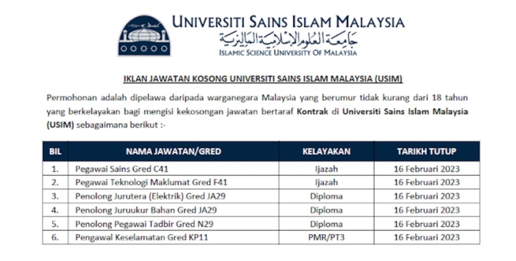 Iklan Jawatan Kosong USIM Februari Tahun 2023 Pelbagai Jawatan Menarik