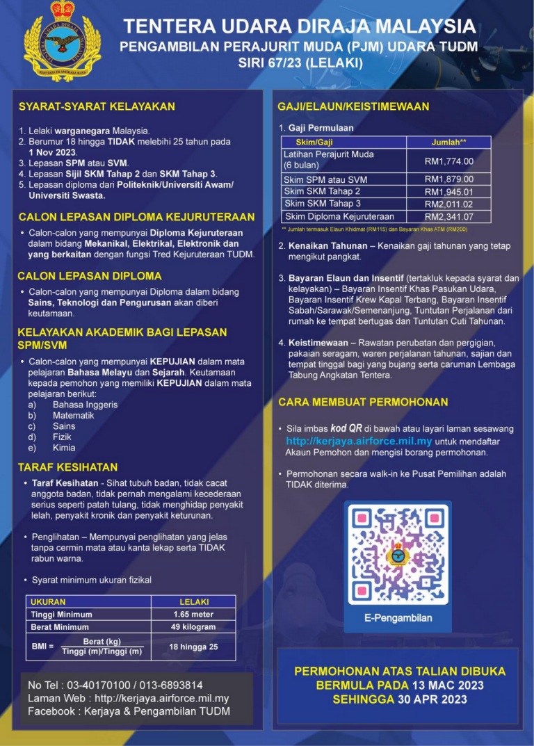 Kerjaya Dan Pengambilan Tentera Udara Diraja Malaysia (TUDM) April 2023