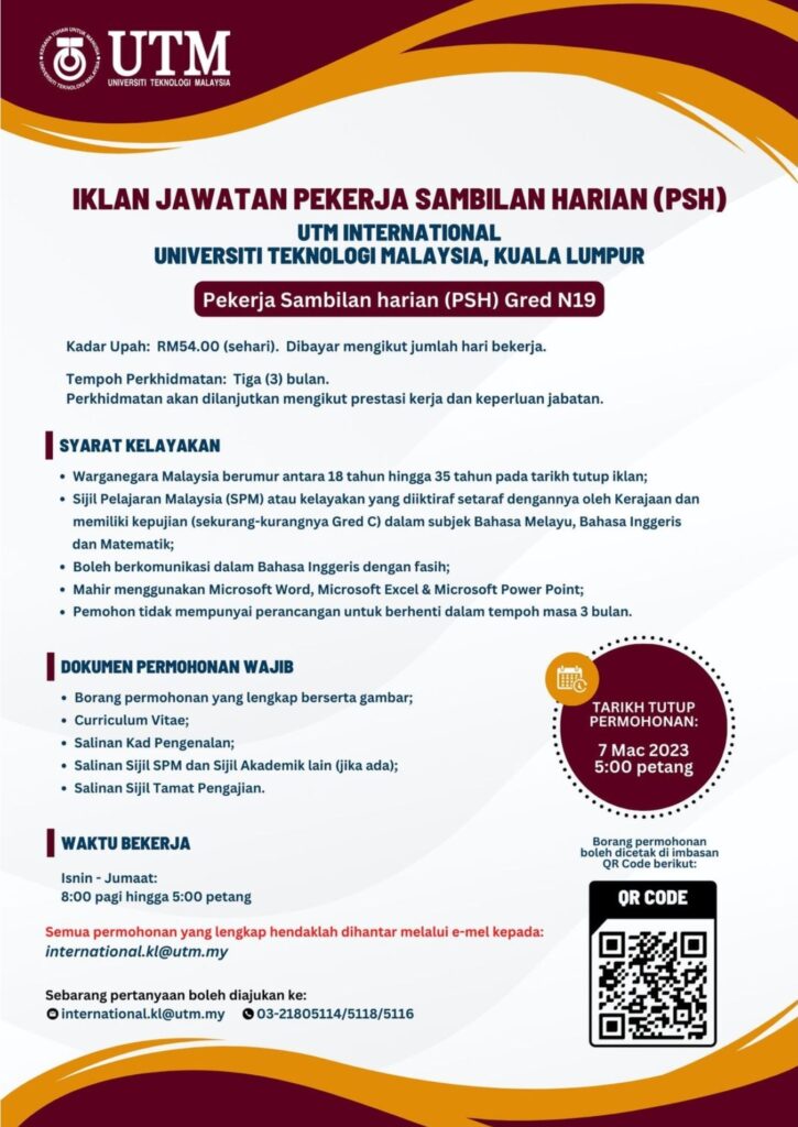 Iklan Jawatan Kosong UTM Universiti Teknologi Malaysia Bulan 3