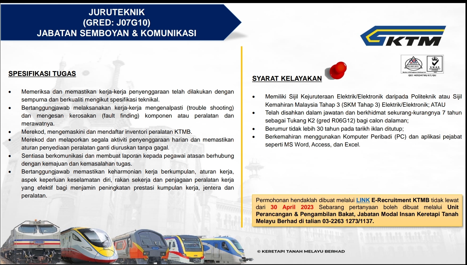 Jawatan Kosong Keretapi Tanah Melayu Berhad (KTMB) Mei 2023