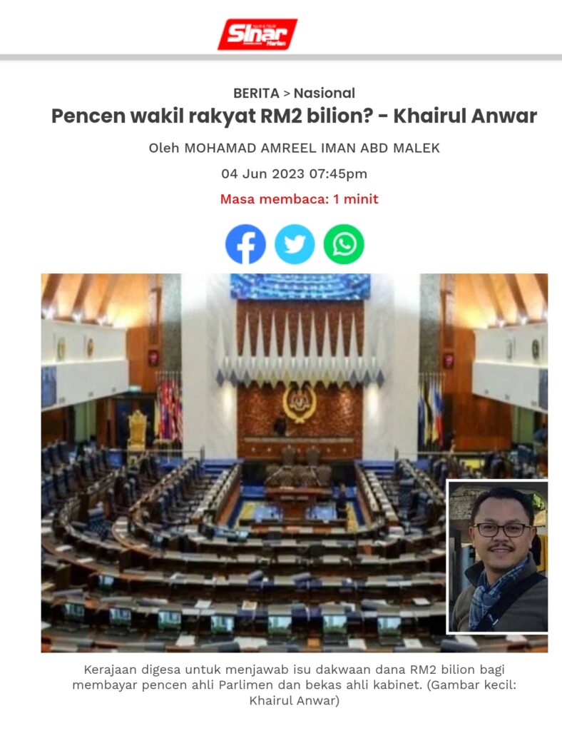 Pencen Wakil Rakyat RM2 Billion, Perlu Dikaji Semula Penggunaan Dana