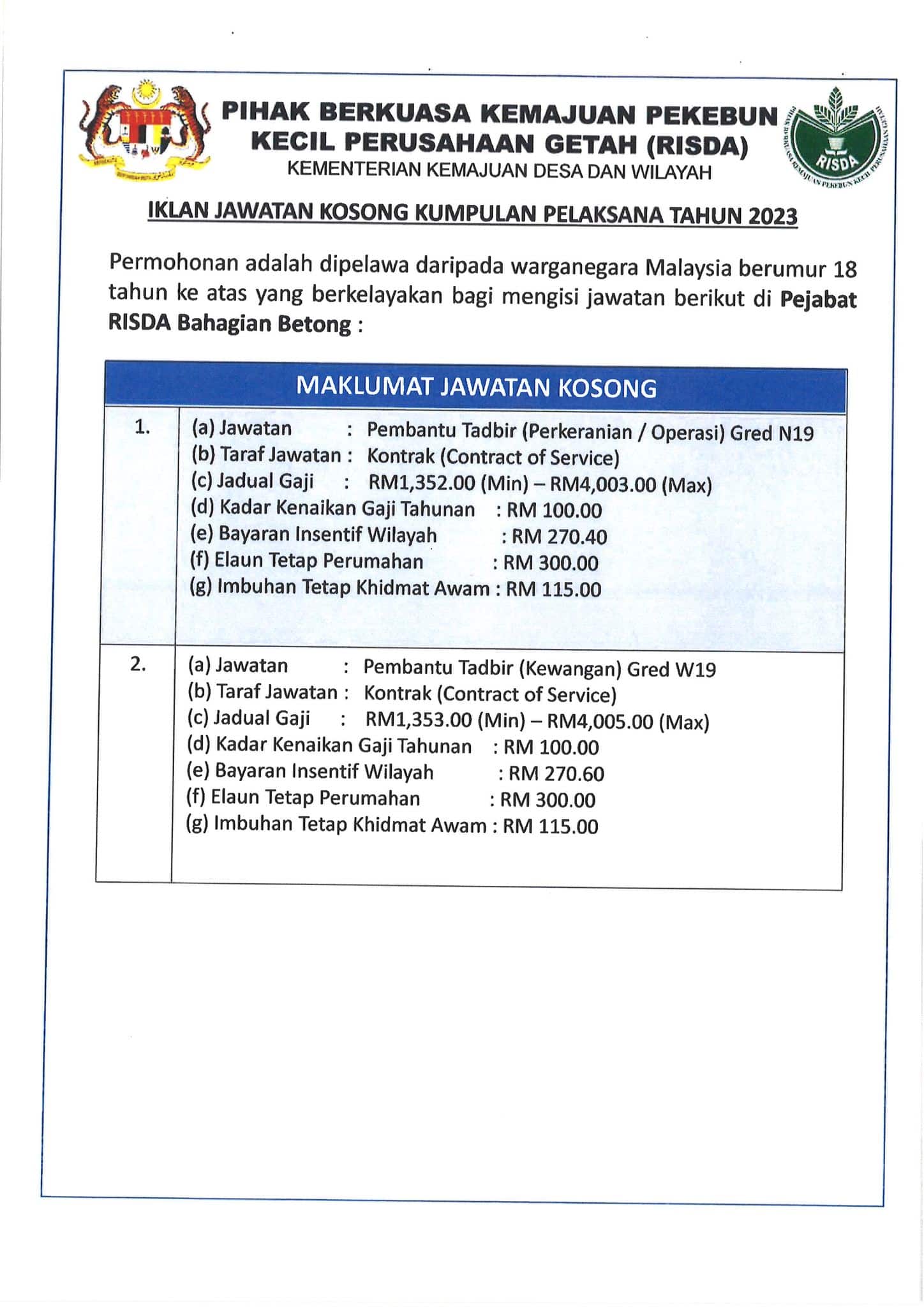 Permohonan Jawatan Kosong RISDA Ambilan Ogos 2023