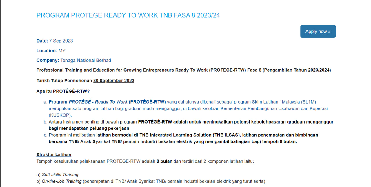 Peluang Kerjaya Program Protege Ready To Work TNB Fasa 8 2023/24