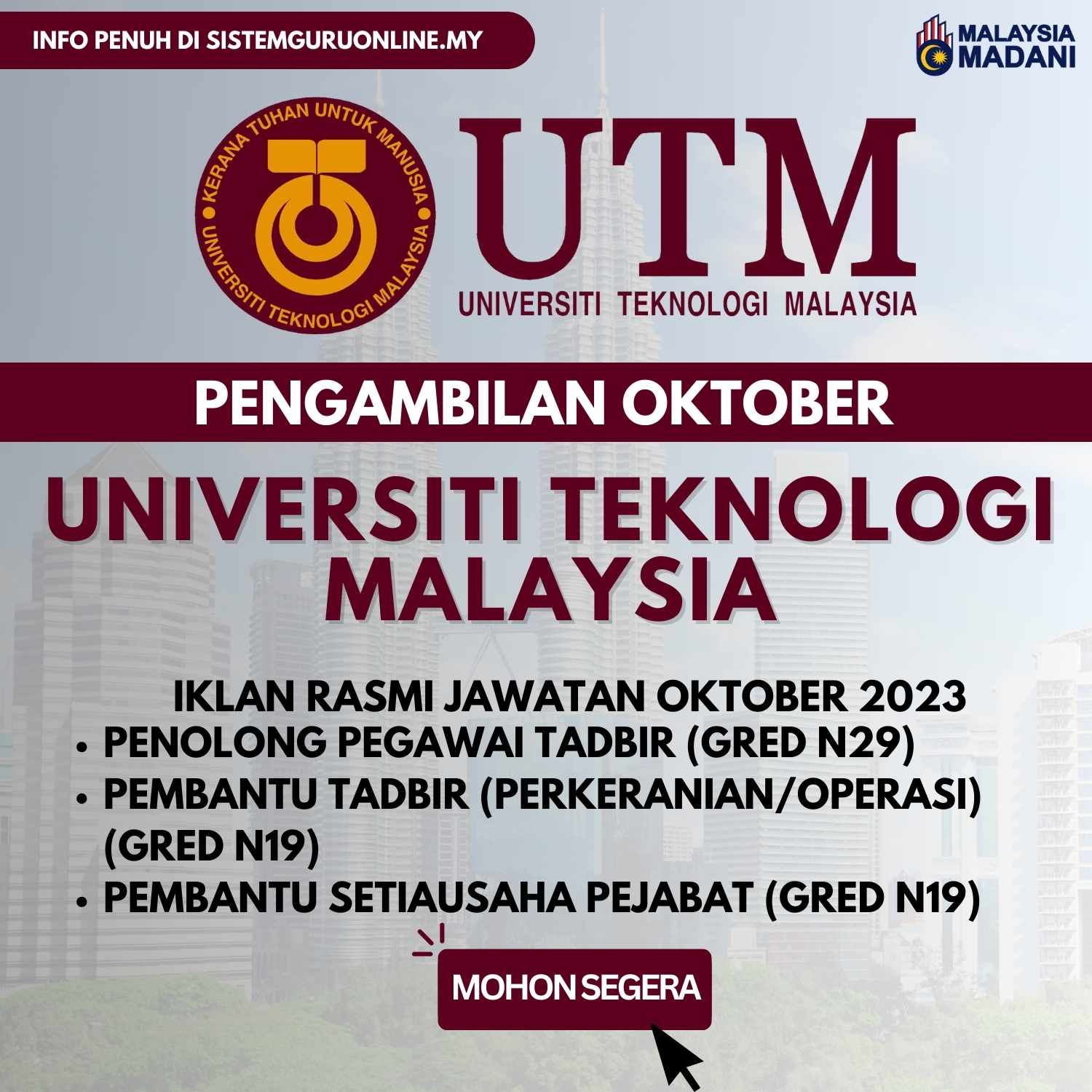 Mohon Jawatan UTM Oktober 2023