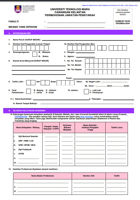 Permohonan Kerja UITM Bagi Jawatan Akademik Kemasukan Oktober 2023