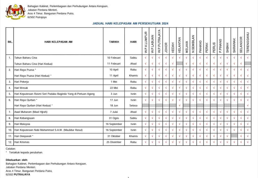 Calendar 2024 Malaysia Serta Cuti Umum 2024 Dan Hari Kelepasan Am Negeri 2024