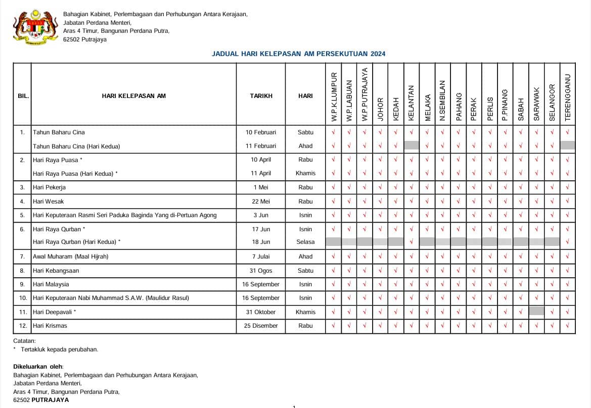 Calendar 2024 Malaysia Serta Cuti Umum 2024 Dan Hari Kelepasan Am Negeri 2024