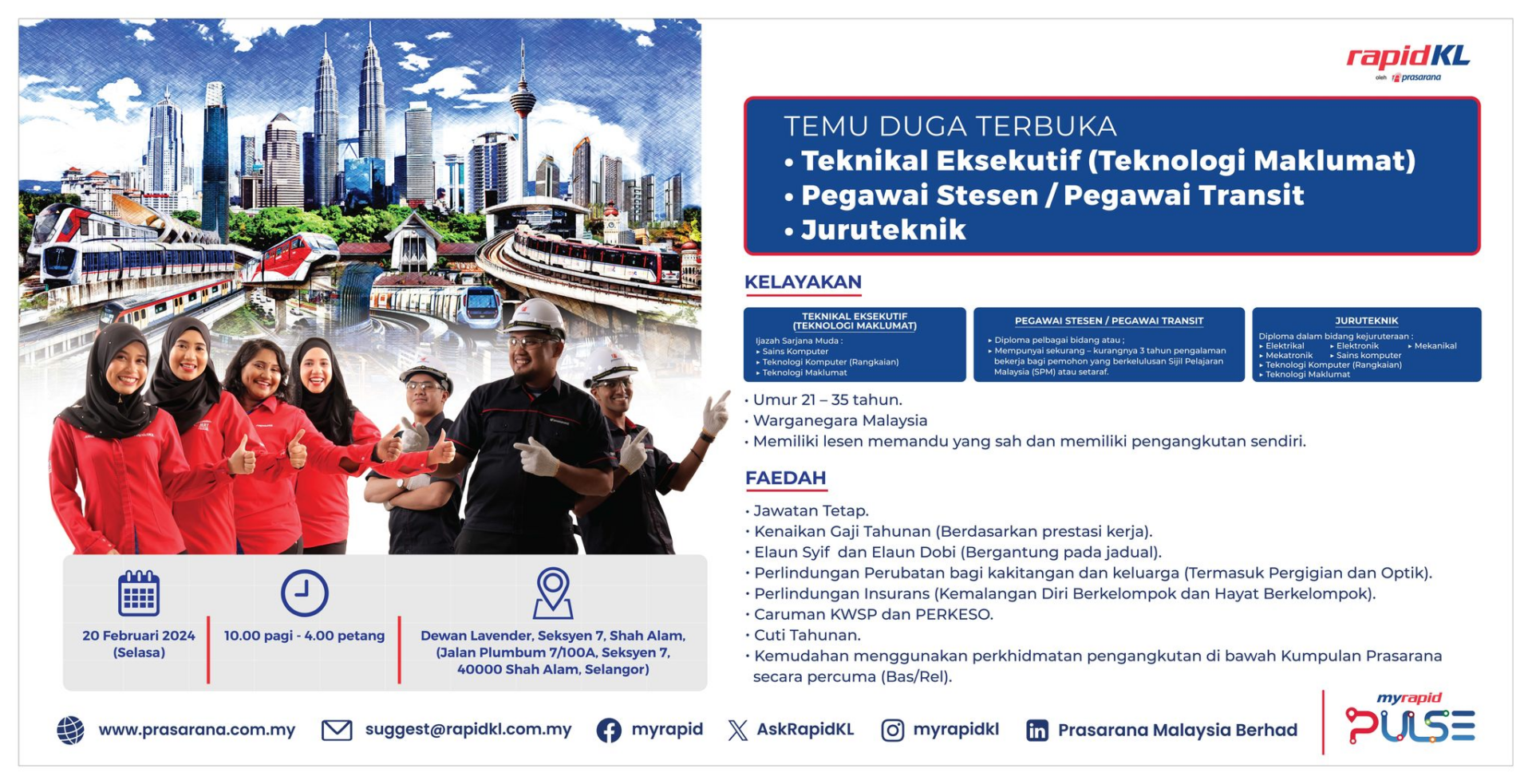 Jawatan Kosong PRASARANA Februari 2024 - Temuduga Terbuka