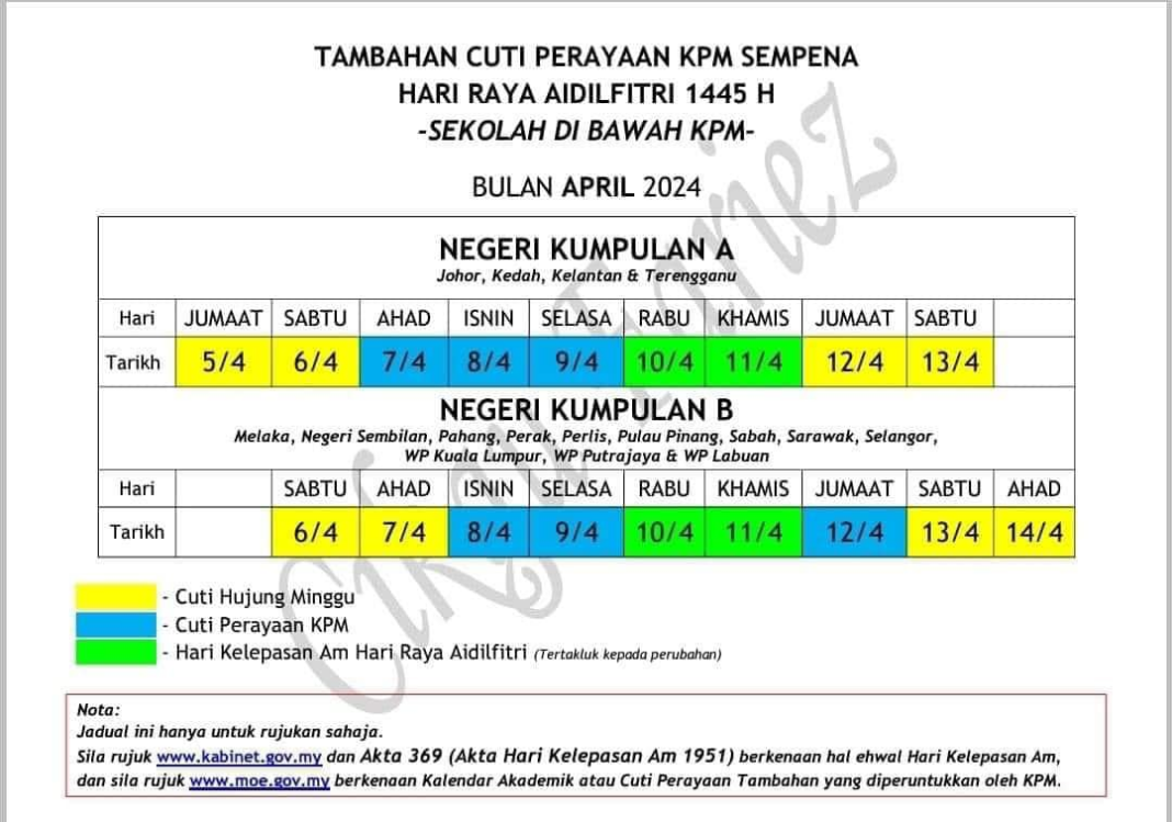 Kalendar Cuti Raya Aidilfitri 2024, Cuti Tambahan KPM 2024 Dan Tarikh Bayaran Gaji Raya 2024