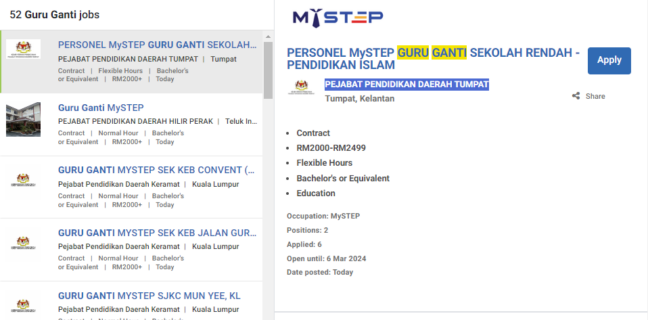 Pengambilan Jawatan Guru Ganti Bulan Mac 2024