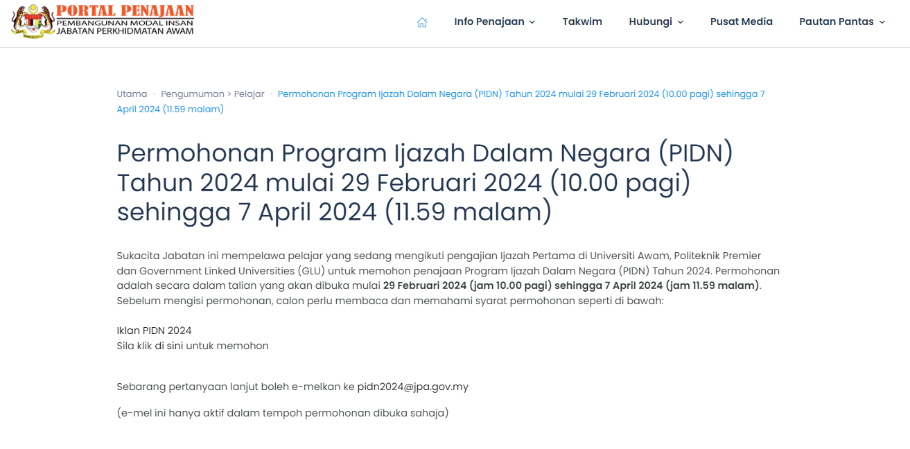 Permohonan Biasiswa JPA 2024 - Program Ijazah Dalam Negara (PIDN)