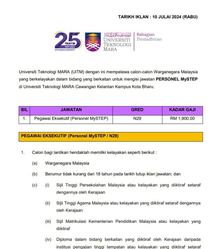 Pengambilan Jawatan UITM Julai 2024 Kelayakan Minima STAM/STPM Dan Diploma