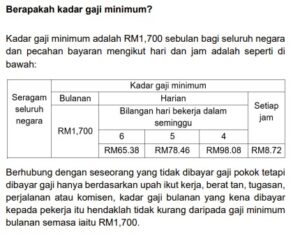 Pelaksanaan Gaji Minimum RM1700, Kadar Bayaran Per Jam Dan Akta Berkaitan Gaji Minimum RM1700