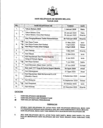 Senarai Tarikh Cuti Umum Melaka 2025 Terkini