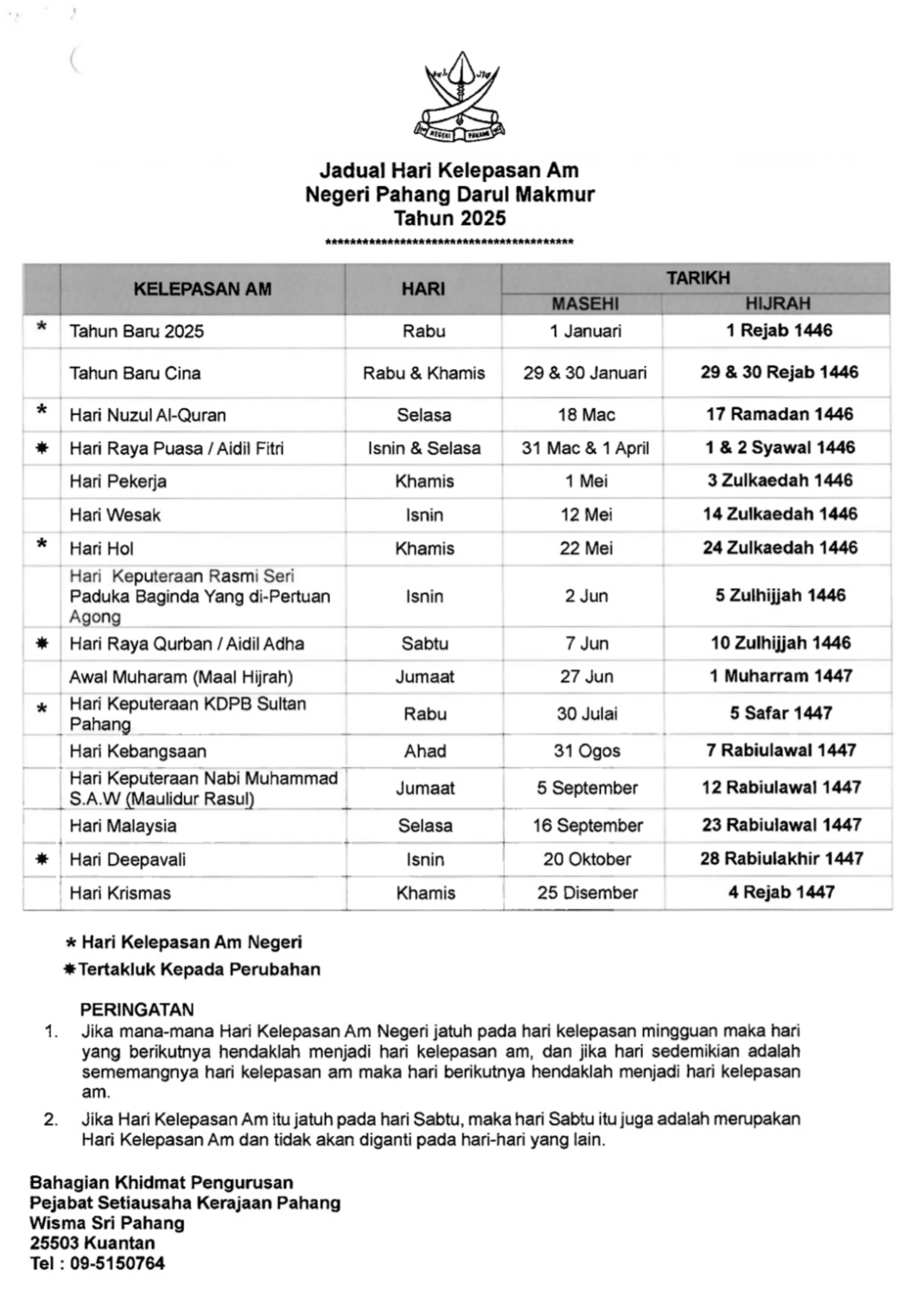 Senarai Tarikh Cuti Umum Pahang 2025 Terkini